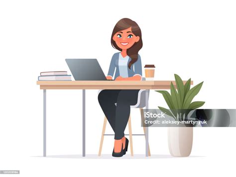 예쁜 여자는 바탕 화면에 앉아있다 직장에서 사무실 직원 노트북에서 작업합니다 만화 스타일의 벡터 일러스트레이션 책상에 대한 스톡 벡터 아트 및 기타 이미지 Istock