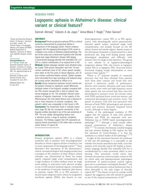 Pdf Logopenic Aphasia In Alzheimers Disease Clinical Variant Or Clinical Feature