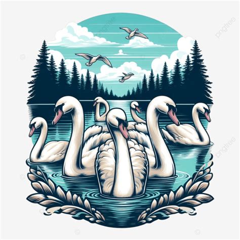 나무와 새들로 둘러싸인 호수에서 백조들이 우아하게 헤엄치고 있다 호수에서 우아하게 수영하는 백조 서라운드 나무와 새가 만든 Png 일러스트 및 이미지 에 대한 무료