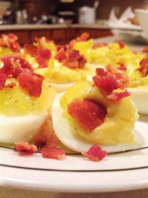Deviled Eggs With Bacon Bits Bacon Deviled Eggs Desserts Mini Cheesecake