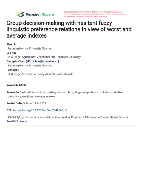 Pdf Group Decision Making With Hesitant Fuzzy Linguistic Preference