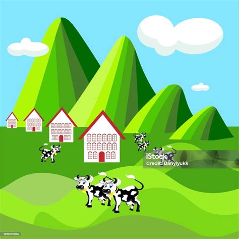 산 풍경 소 플랫 벡터 일러스트 그린 힐 자연 예술 디자인 엘레멘 0명에 대한 스톡 벡터 아트 및 기타 이미지 0명 개념 개념과 주제 Istock