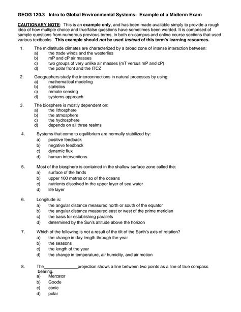 SOLUTION Geog 120 Example Of A Midterm Exam Studypool