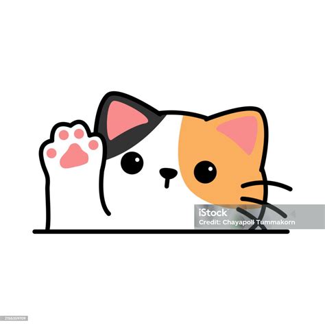 Ilustración De Cute Calico Cat Waving Paw Cartoon Vector Illustration Y