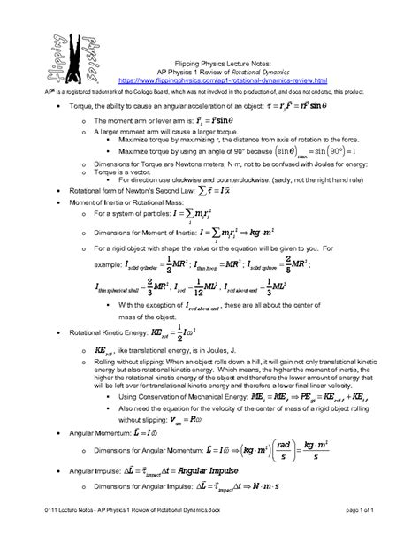 0111 Lecture Notes Ap Physics 1 Review Of Rotational Dynamics 0111 Lecture Notes AP