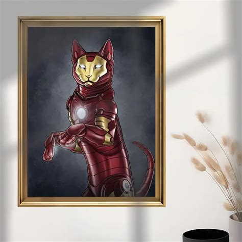 아이언 캣 슈퍼히어로 캔버스 아트 프린트 고품질 텍스타일 원단 벽 장식 프레임 없는 포스터 집 사무실 거실 Temu