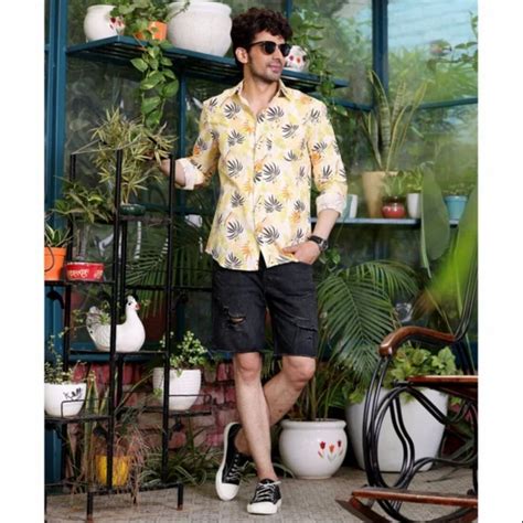 Linen Shirt Printed Lemon Yellow Men Full Sleeves Casual Wear At