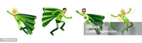 Eco 남자와 여자 슈퍼 히어로 캐릭터 케이프 벡터 세트와 녹색 의상 구조에 대한 스톡 벡터 아트 및 기타 이미지 구조