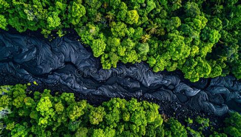 Aerial View Of Lava Flow Through Green Forest Stock Illustration