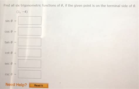 solved find all six trigonometric functions of θ if the given point