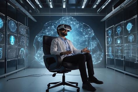 Premium Photo Lab Scientist In Vr Headset With Futuristic Holographic