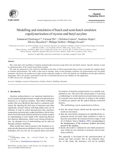 Pdf Modelling And Simulation Of Batch And Semi Batch Emulsion Copolymerization Of Styrene And