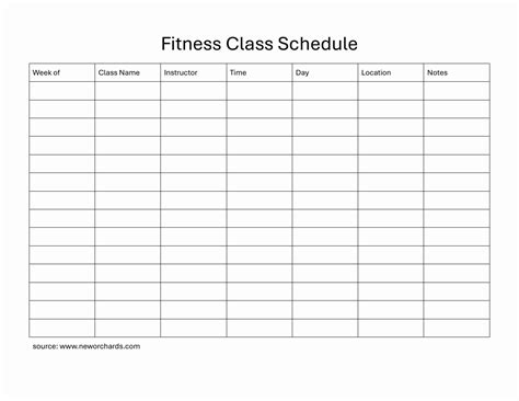 Printable Fitness Class Schedule Template In Pdf