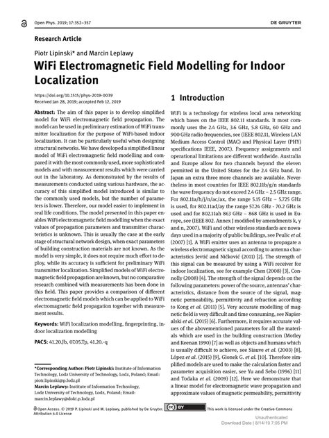 Pdf Wifi Electromagnetic Field Modelling For Indoor Localization