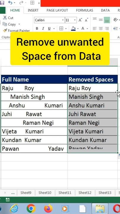 shorts remove extra space using trim function in excel