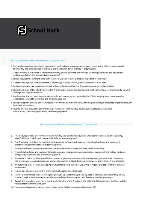 CC SG For IT Babes SECTION A Short Points AI Summary For CC SG This