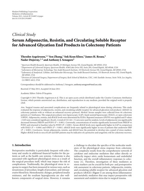 Pdf Serum Adiponectin Resistin And Circulating Soluble Receptor For