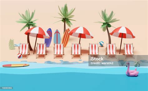 해변 의자 공 풍선 플라밍고 우산 코코넛 나무 서핑보드 풍경 해변 배경이 있는 여름 해변 여름 여행 개념 3d 그림 3d 렌더링 3차원 형태에 대한 스톡 사진 및 기타