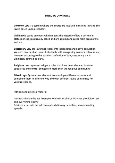 Intro TO LAW Notes INTRO TO LAW NOTES Common Law Is A System Where The Courts Are Involved In