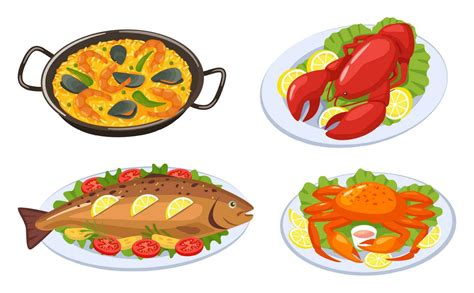 Dibujos Animados Mariscos Platos Langosta Cangrejo Horneado Pescado