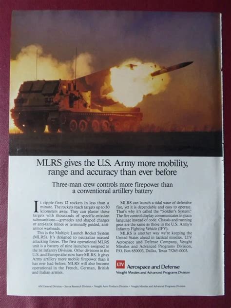 10 1984 Pub Ltv Vought Us Army Mlrs Missile Launcher Original Ad Eur 10