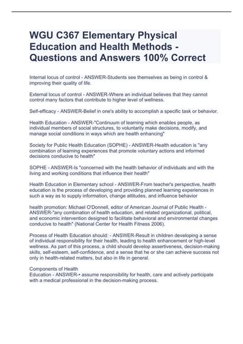 WGU C Elementary Physical Education And Health Methods Questions And Answers Correct