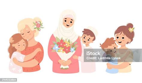 귀여운 가족 세트입니다 딸과 함께 행복한 금발 꽃다발 꽃을 든 히잡을 쓴 무슬림 여성 웃는 아들과 함께 어머니 벡터 일러스트 레이 션 평면 만화 스타일입니다 캐릭터 다양한
