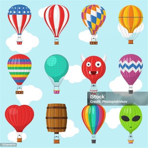 바구니와 Aerostat 풍선 전송 하늘에서 비행 공기 풍선 다른 모양 조정 모험 비행 Ballooned 여행 비행 장난감 만화 열기구에 대한 스톡 벡터 아트 및 기타