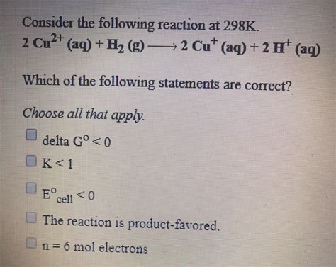 Solved Consider the following reaction at 298K 2 Cu+ (aq) + | Chegg.com