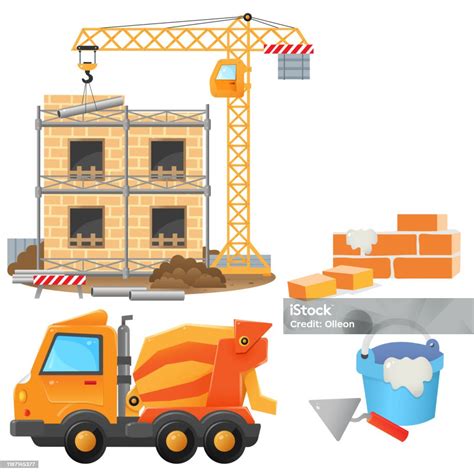 흰색 배경에 상승 크레인 콘크리트 믹서 및 건설 도구와 집의 건설의 색상 이미지 아이들을위한 벡터 일러스트 세트입니다 시멘트