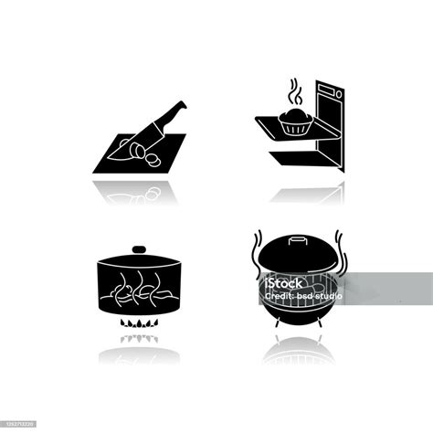 요리 방법은 그림자 검은 색 글리프 아이콘 세트를 드롭합니다 다양한 요리 기술 음식 준비 과정 공백에서 절단 베이킹 스튜 및 굽기 격리 된 벡터 그림 개념에 대한 스톡 벡터
