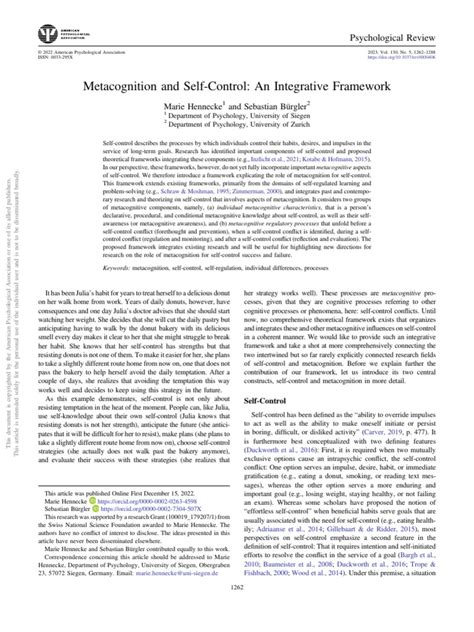 Metacognition And Selfcontrol Pdf Metacognition Self Management