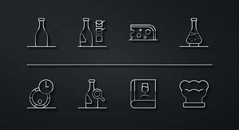 세트 라인 와인 한 병 나무 통 디캔터 책 요리사 모자 및 치즈 아이콘 벡터 검은색에 대한 스톡 벡터 아트 및 기타 이미지 검은색 고풍스런 공란 Istock