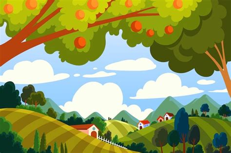 손으로 그린 시골 풍경 배경 무료 벡터