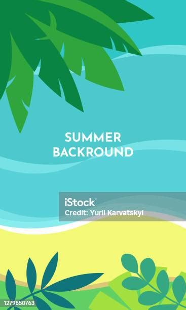 벡터 디자인 템플릿 텍스트 복사 공간이있는 배경 여름 풍경 배너 인사말 카드 포스터 및 광고 배경 여름 휴가 개념 식물 모래 바다의 최고 전망 봄에 대한 스톡 벡터 아트 및