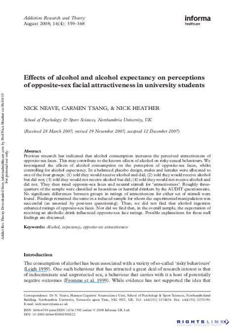 Pdf Effects Of Alcohol And Alcohol Expectancy On Perceptions Of Opposite Sex Facial