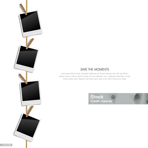 나무 클립 벡터 일러스트 레이 션과 밧줄에 현실적인 빈 복고풍 사진 프레임 즉석 인화 전송에 대한 스톡 벡터 아트 및 기타