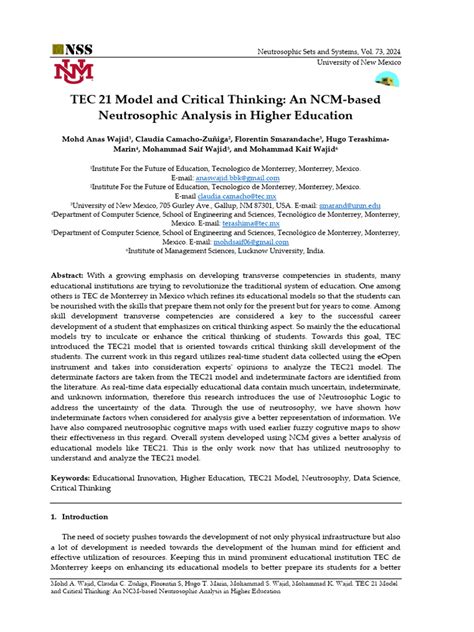Tec 21 Model And Critical Thinking An Ncm Based Neutrosophic Analysis In Higher Education Pdf