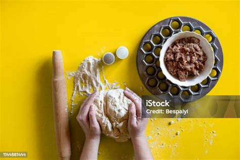 요리사의 여성의 손 고기 Ravioli 관점의 재료와 테이블에 상단 보기를 요리에 대 한 반죽을 손에 개최 합니다 감정에 대한 스톡 사진 및 기타 이미지 Istock