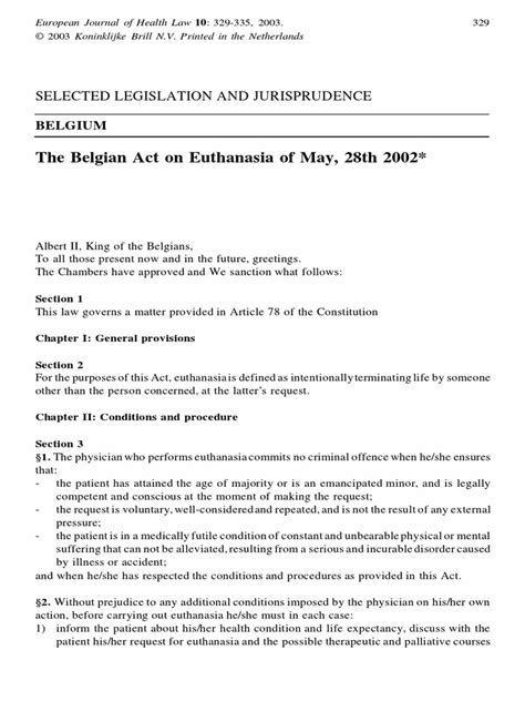 Belgian Act Of May 28th 2002 Legislation Legalizing And Regulating