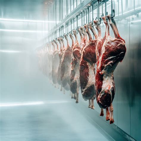 Fresh Meat Carcasses Hanging On Hooks In The Meat Processing Plant S Cold Room Beef Production