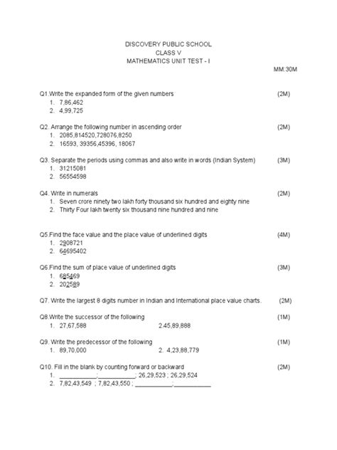 Class V Maths Paper Pdf