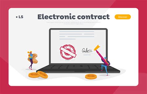 전자 계약 또는 디지털 서명 방문 페이지 템플릿 문서에 스탬프와 노트북 화면에 식별 양식으로 이름을 넣어 사업가 문자 만화 사람 벡터 일러스트 개념에 대한 스톡 벡터 아트