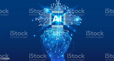 추상 Ai 블루 디지털 로우 폴리 손은 손가락을 밀어 Cpu를 사용합니다 학습 비즈니스 인공 지능 기술 개념 벡터를 가진 Ui 인공지능에 대한 스톡 벡터 아트 및 기타