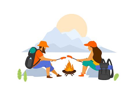 하이킹 부부 캠프 파이어 고립 된 벡터 그래픽 장면에 앉아 캠프 파이어에 대한 스톡 벡터 아트 및 기타 이미지 캠프 파이어 캠핑 여름 캠프 Istock