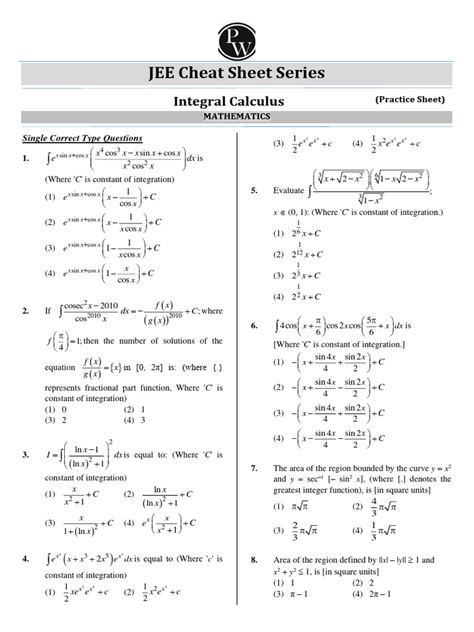 Integral Calculus Practice Sheet Pdf Calculus Algebra