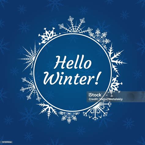 타이 포 그래피 텍스트와 눈송이 배경으로 겨울 배너 안녕하세요 겨울 로고 배지 또는 인사말 카드 장식 벡터 일러스트입니다