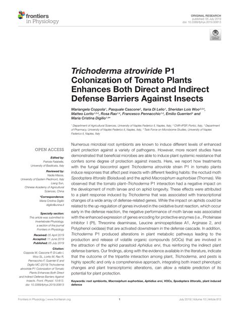 Pdf Trichoderma Atroviride P1 Colonization Of Tomato Plants Enhances Both Direct And Indirect