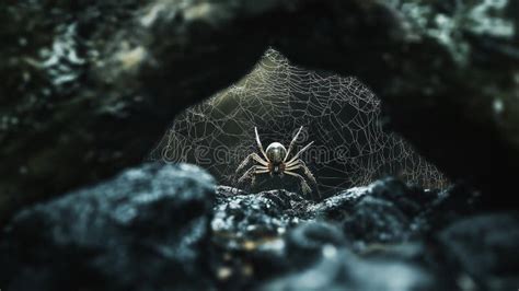 Detailed Close Up Of Spider In Web Nature Scene Arachnid In Cave Darkness Intricate Web