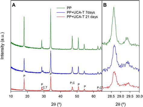 a xrd diffractograms of the pp and pp uca t pastes cured for 7 and